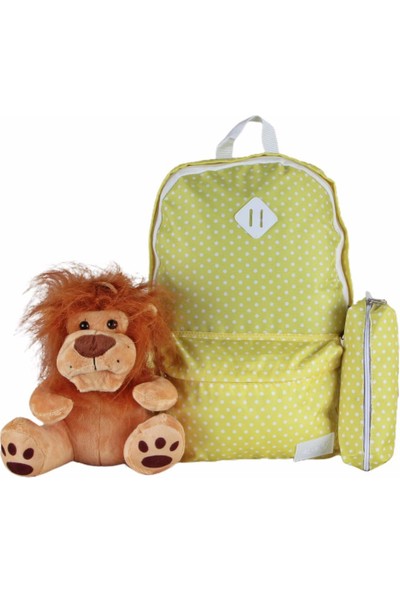 Hediyekanalı Sarı Puantiyeli Okul Çantası Aslan Peluş 28 cm Ikili Set