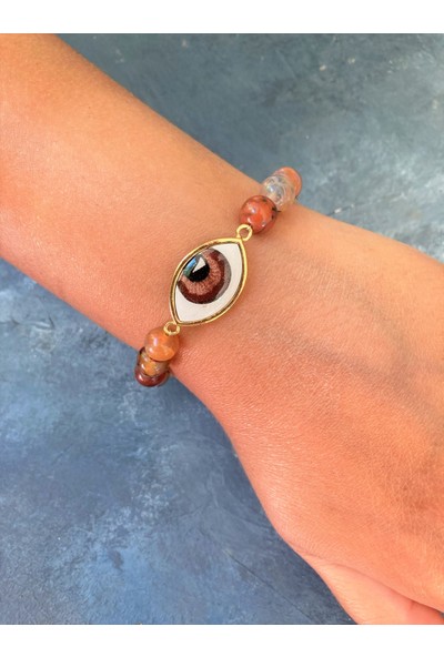 Floom Jewelry Kahverengi Göz Detaylı Akik Doğal Taş Bileklik