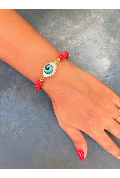 Floom Jewelry Turkuaz Göz Detaylı Doğal Mercan Bileklik