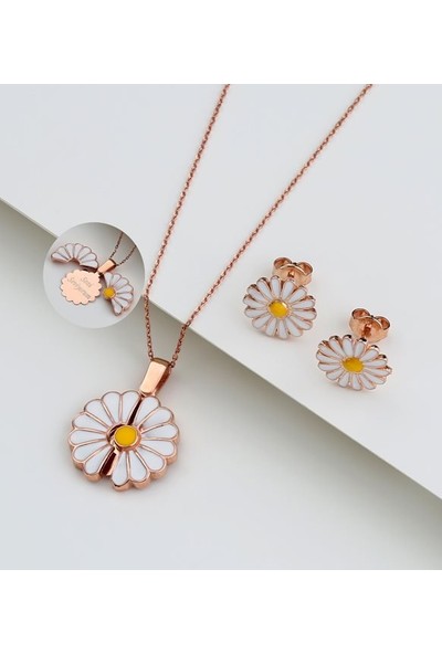 Gümüşistan 925 Ayar Gümüş Papatya Kişiye Özel Kolye Küpe Set
