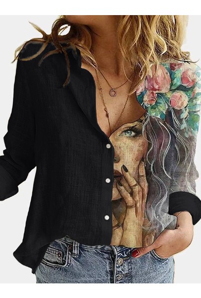 Gogoo Kadın Baskılı Uzun Kollu Blok Gömlek-Siyah (Yurt Dışından)