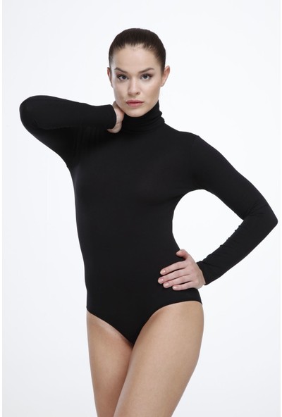 Malabadi Siyah Kadın Tam Balıkçı Yaka Çıtçıtlı Modal Body 136