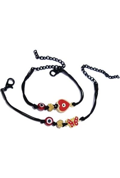 Funny Takı Ikili Kırmızı Kelebekli Kalpli Nazar Boncuklu Çocuk Bileklik