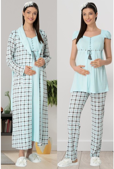 Mecit 5437 Turkuaz Ekoseli Dört Parça spor Lohusa Set Mecit 5437 Turkuaz Ekoseli Dört Parça spor Lohusa Set