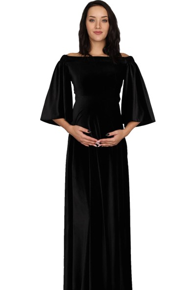 Moda Labio Düşük Omuz Kadife Siyah Hamile Elbisesi