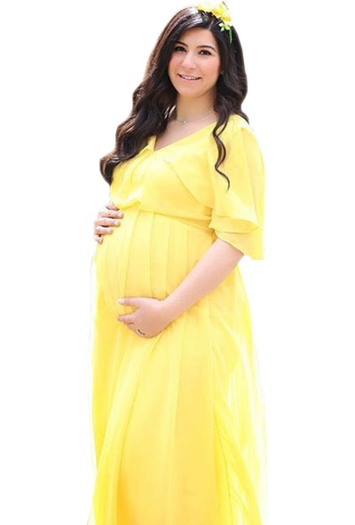 Moda Labio Babyshower Melek Kol Sarı Hamile Elbisesi Moda Labio Babyshower Melek Kol Sarı Hamile Elbisesi