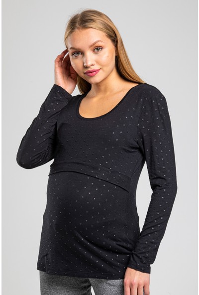 Perla Blanca Siyah Dark Drops Emzirme Özellikli Hamile Tişörtü