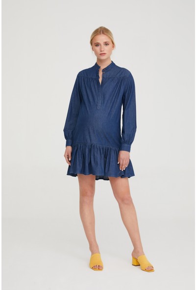 Hamile Fırfırlı Uzun Kollu Koyu Mavi Elbise 1068 Hamile Fırfırlı Uzun Kollu Koyu Mavi Elbise 1068