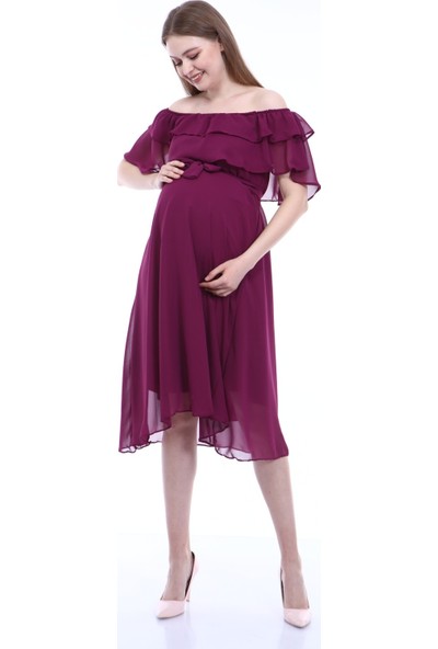 Ada Style Carmen Yaka Şifon, Hamile Elbise, Mürdüm