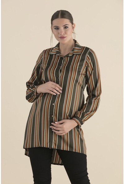 Gör&sin Uzun Çizgili Hamile Gömlek Haki 40