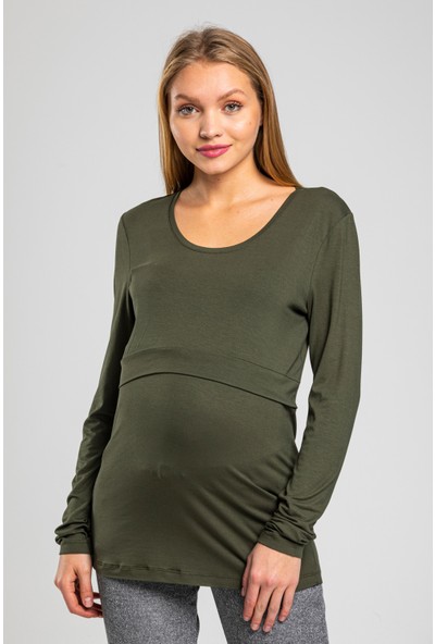 Perla Blanca Emzirme Özellikli Haki Renk Hamile Tişörtü