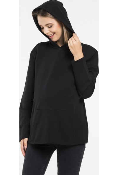 Perla Blanca Kapüşonlu Emzirme Özellikli Siyah Hamile Sweatshirt