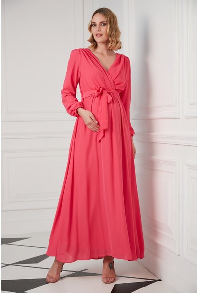 Görsin Hamile Gör&sin Kuşak Detaylı Hamile Fuşya Elbise