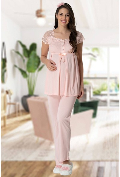 Mecit 5418 Pudra Dantel Detaylı Lohusa Pjama Takımı