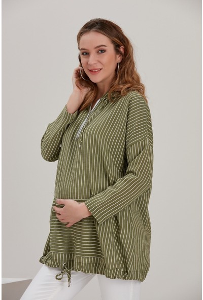 Görsin Hamile Gör&sin Kapşonlu Çizgili Haki Hamile Tunik