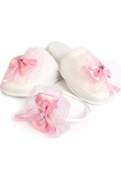 Azebu Güpürlü Pembe Fiyonk Lohusa Kadife Terlik ve Tacı