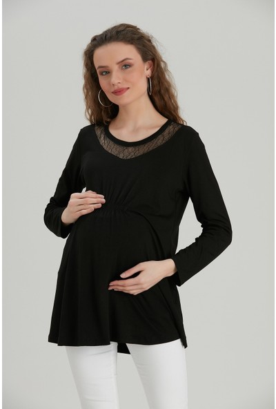 Görsin Hamile Gör&sin Yaka Detaylı Siyah Hamile Tişört