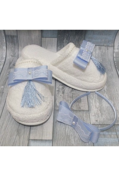 Azebu Püsküllü Lohusa Tacı ve Terlik Seti Mavi