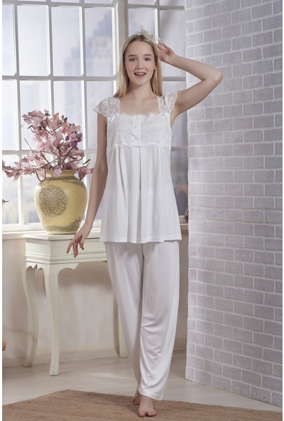 Emose Dantelli Lohusa Kadın Pijama Ekru Emose Dantelli Lohusa Kadın Pijama Ekru