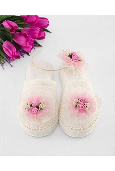 Azebu Pembe Çiçek Dantelli Lohusa Terlik Taç Seti.