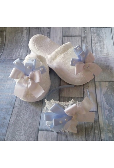 Azebu Kurdeleli Lohusa Tacı ve Lohusa Terliği Set - Mavi