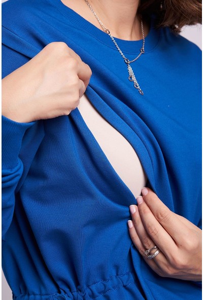 Mamma Lattes Hamile ve Emzirme Sweatshirt, Mavi Önü Çift Fermuarlı, Yandan Büzgülü