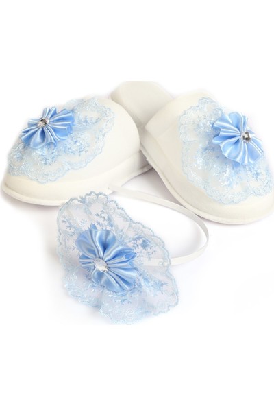 Azebu Mavi Boncuklu Lohusa Kadife Terlik ve Tacı