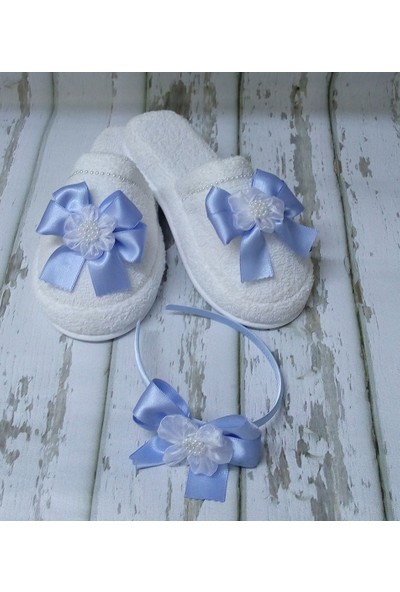 Azebu Lohusa Terlik ve Taç Seti Fiyonklu Mavi