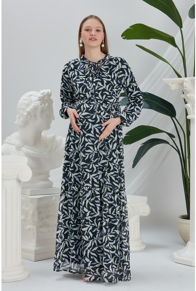 Görsin Hamile Gör&sin Yaka Detaylı Desenli Hamile Siyah Elbise
