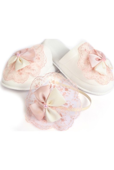 Azebu Güpürlü Boncuklu Fiyonk Lohusa Kadife Terlik ve Tacı