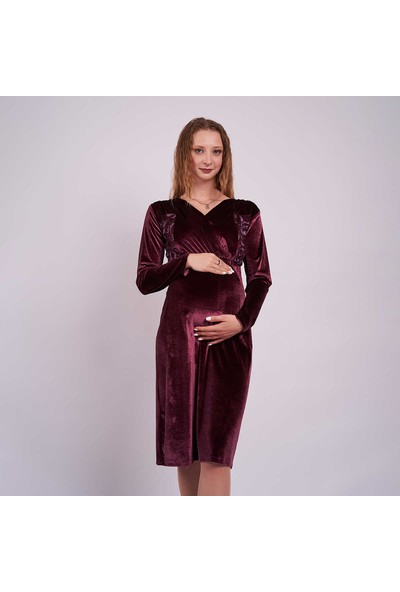 Mamma Lattes Hamile ve Emzirme Fransız Danteli Detaylı Kruvaze Abiye Kadife Elbise, Evghenia