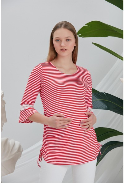 Görsin Hamile Gör&sin Çizgili Kol Dantel Detaylı Hamile Mercan Tişört Görsin Hamile Gör&sin Çizgili Kol Dantel Detaylı Hamile Mercan Tişört
