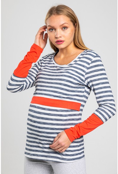 Perla Blanca Emzirme Özellikli Çizgi Desenli Hamile Tişörtü