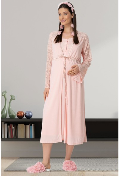 Mecit 5439 Pudra Dantelli Sabahlıklı Lohusa Gecelik Takımı