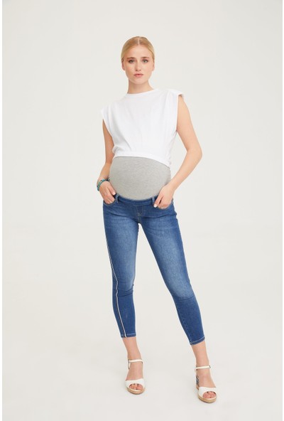 Hamile Skinny Jean Likralı Şerit Detaylı Pantolon Mavi 1086
