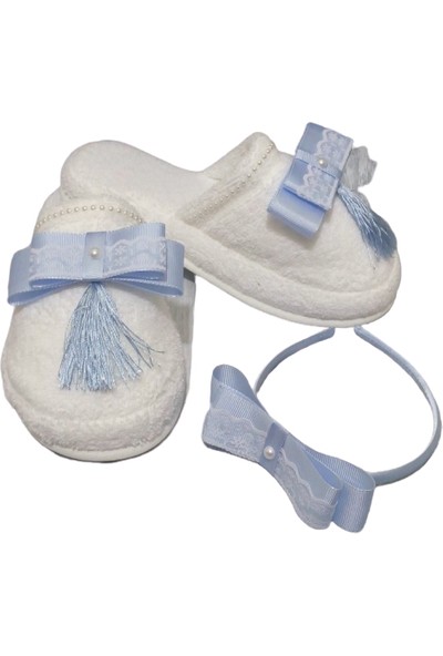 Azebu Püsküllü Lohusa Tacı Terlik Seti Mavi