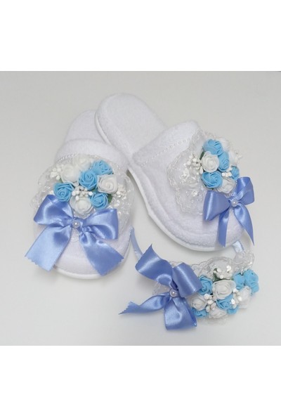 Azebu Süslü Lohusa Tacı ve Lohusa Terliği Set Mavi