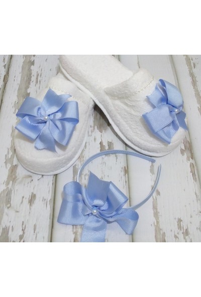 Azebu Inci Fiyonklu Lohusa Terlik ve Taç Seti Mavi