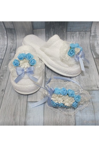 Azebu Lohusa Terlik ve Taç Seti Güpürlü Mavi