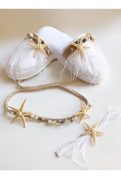 Alaz Deniz Yıldızlı Tüy Detaylı Taç Terlik Bandana Set Alaz Deniz Yıldızlı Tüy Detaylı Taç Terlik Bandana Set