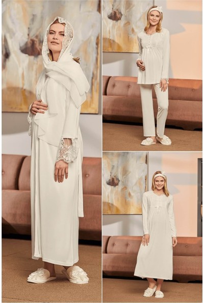 By Mecit 1924 Şal Hediyeli Lohusa Pijama, Gecelik, Sabahlık Set By Mecit 1924 Şal Hediyeli Lohusa Pijama, Gecelik, Sabahlık Set