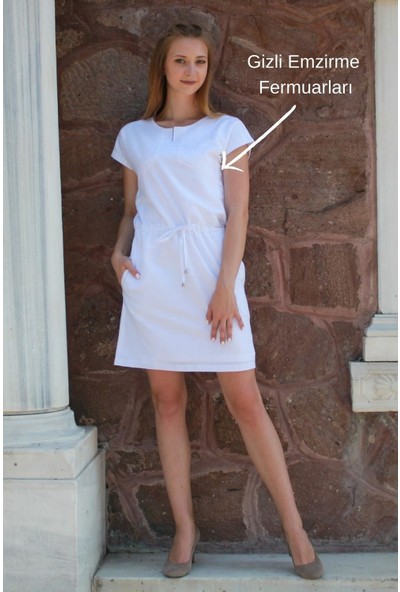 Lykia Keten Yazlık Astarlı Emzirme Elbisesi, Tünel Kemer ve Yan Cep Detayı Ile, Beyaz Lykia Keten Yazlık Astarlı Emzirme Elbisesi, Tünel Kemer ve Yan Cep Detayı Ile, Beyaz