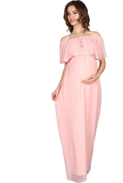 Moda Labio Babyshower Şifon Düşük Omuz Pudra Hamile Elbisesi Moda Labio Babyshower Şifon Düşük Omuz Pudra Hamile Elbisesi
