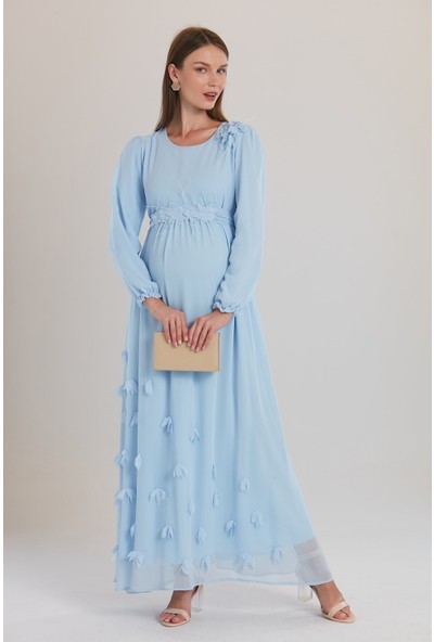 Gör&sin Omuz ve Eteği Çiçekli Mavi Hamile Babyshower Elbise Gör&sin Omuz ve Eteği Çiçekli Mavi Hamile Babyshower Elbise