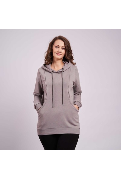 Mamma Lattes Hamile ve Emzirmeye Uygun Olarak Tasarlanmış Pamuklu Kapşonlu Sweatshirt, Metalik Gri