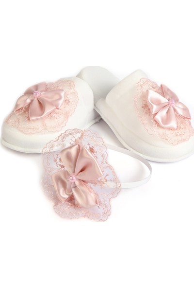 Azebu Fiyonklu Tek Boncuk Lohusa Kadife Terlik ve Tacı