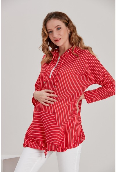 Görsin Hamile Gör&sin Kapşonlu Çizgili Kırmızı Hamile Tunik