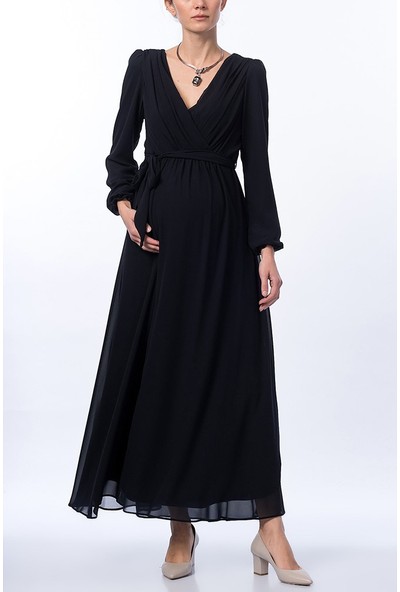 Casual Uzun Kollu Şifon Elbise 8197 Siyah