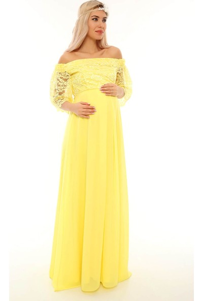 Moda Labio Düşük Omuz Sarı Dantel Elbise