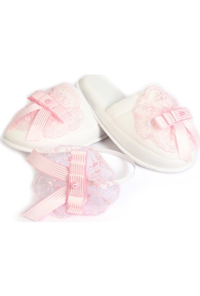 Azebu Güpürlü Fiyonklu Pembe Lohusa Kadife Terlik ve Tacı